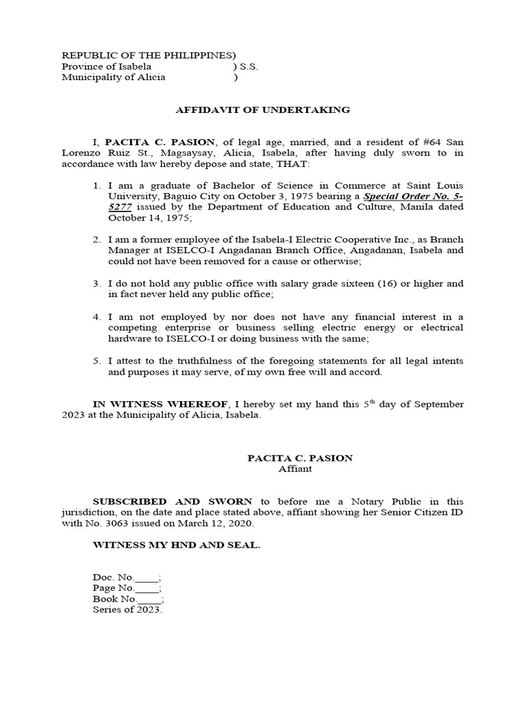 Affidavit of Undertaking Template | PDF