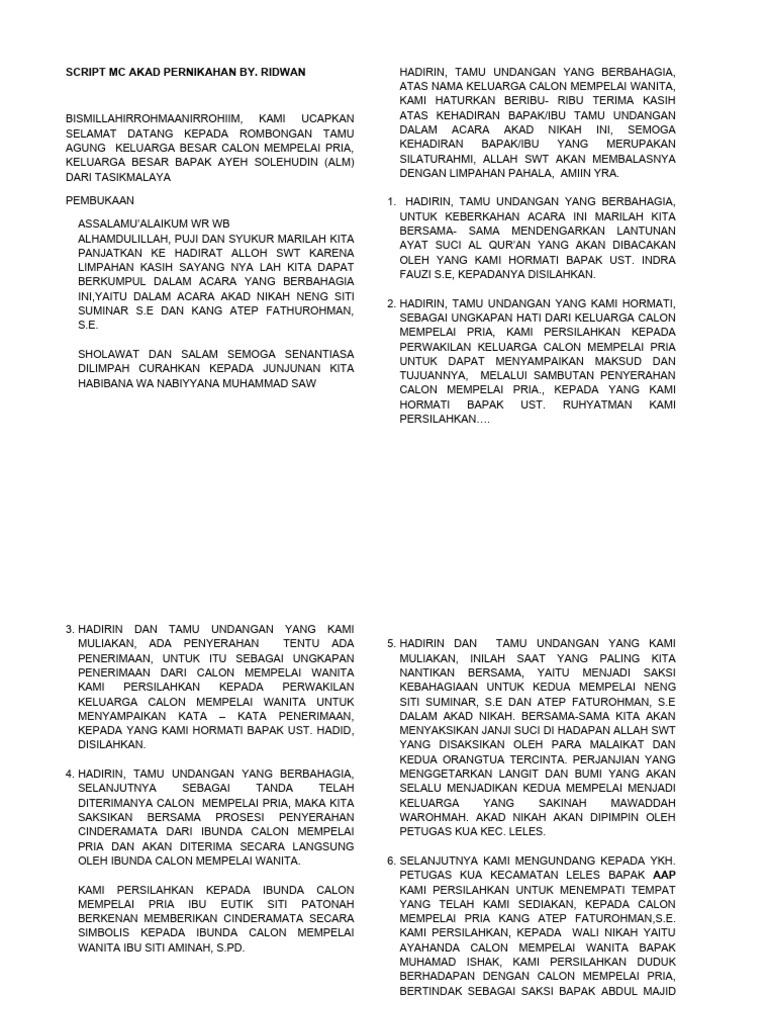 Script MC Akad Nikah Bahasa Indonesia | PDF