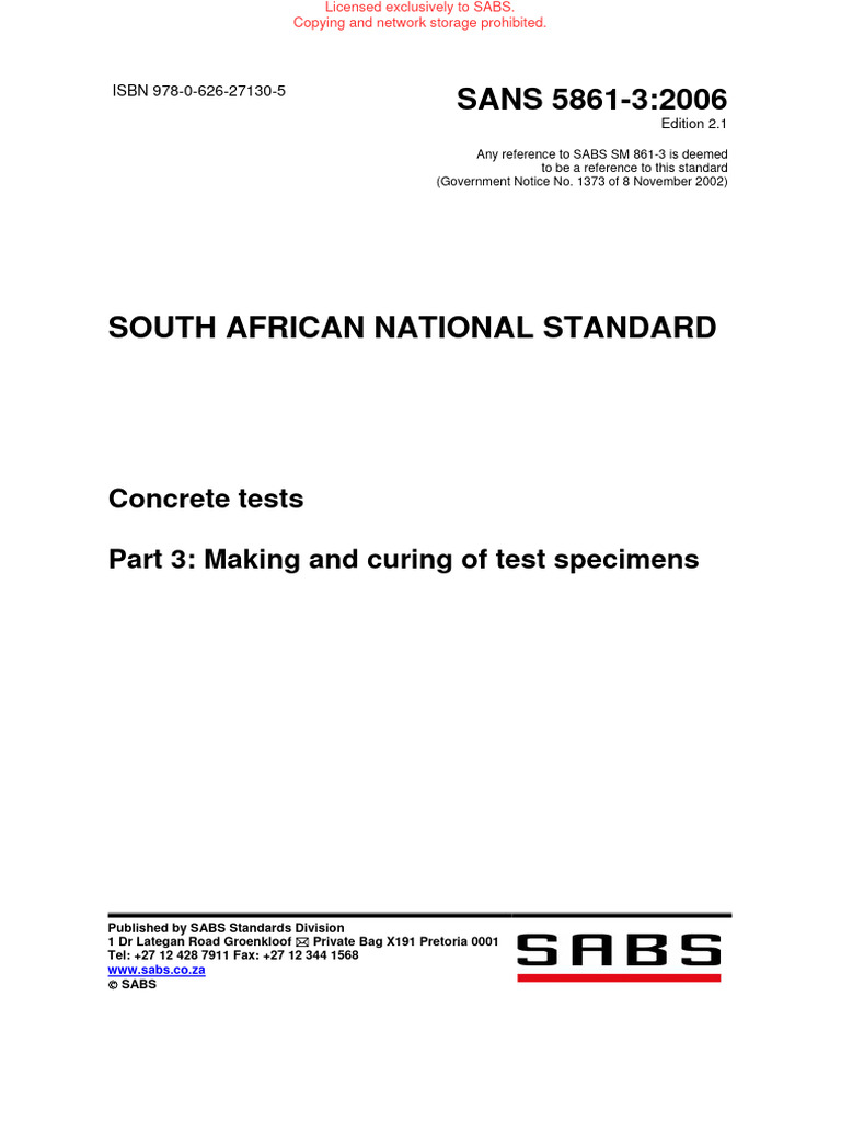 SANS 5861 3 2006 Ed 2 1 Concrete Tests Part 3 Making and Curing of Test ...