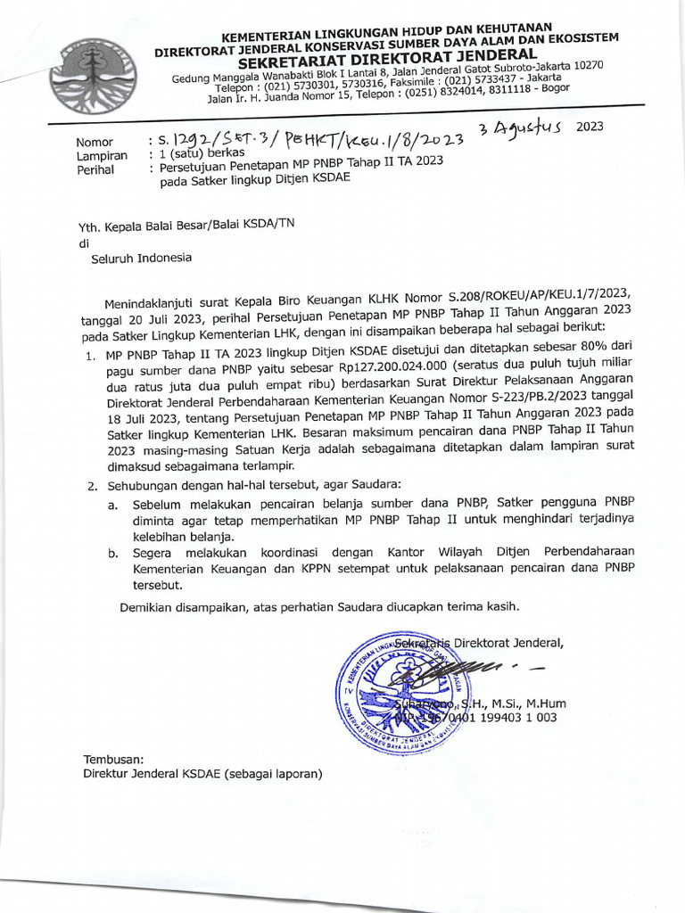 S.1292 - Persetujuan Penetapan MP PNBP Tahap II TA 2023 | PDF