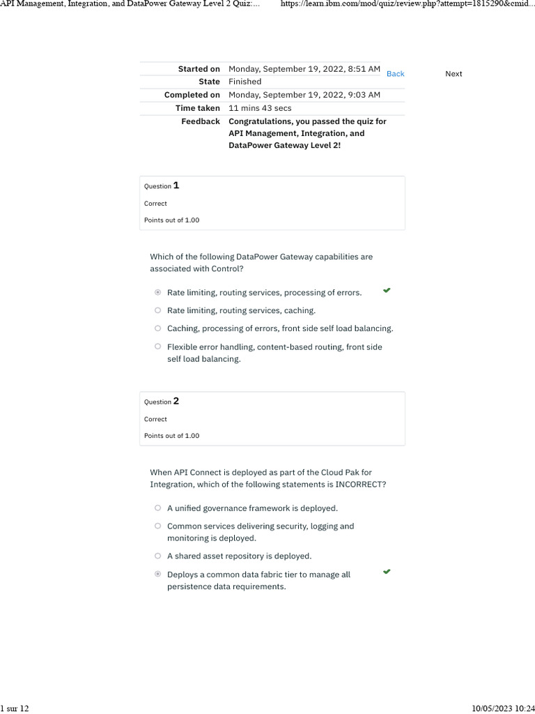 API Management, Integration, and DataPower Gateway Level 2 Quiz Attempt review | PDF