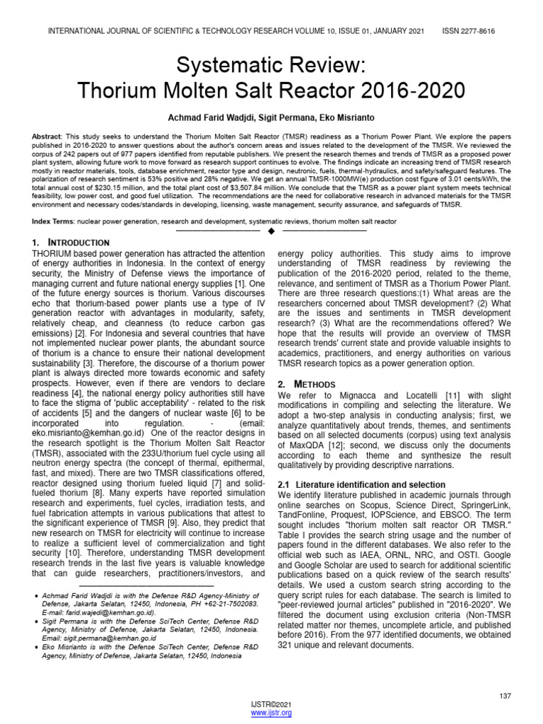 Systematic Review Thorium Molten Salt Reactor 2016 2020 | PDF