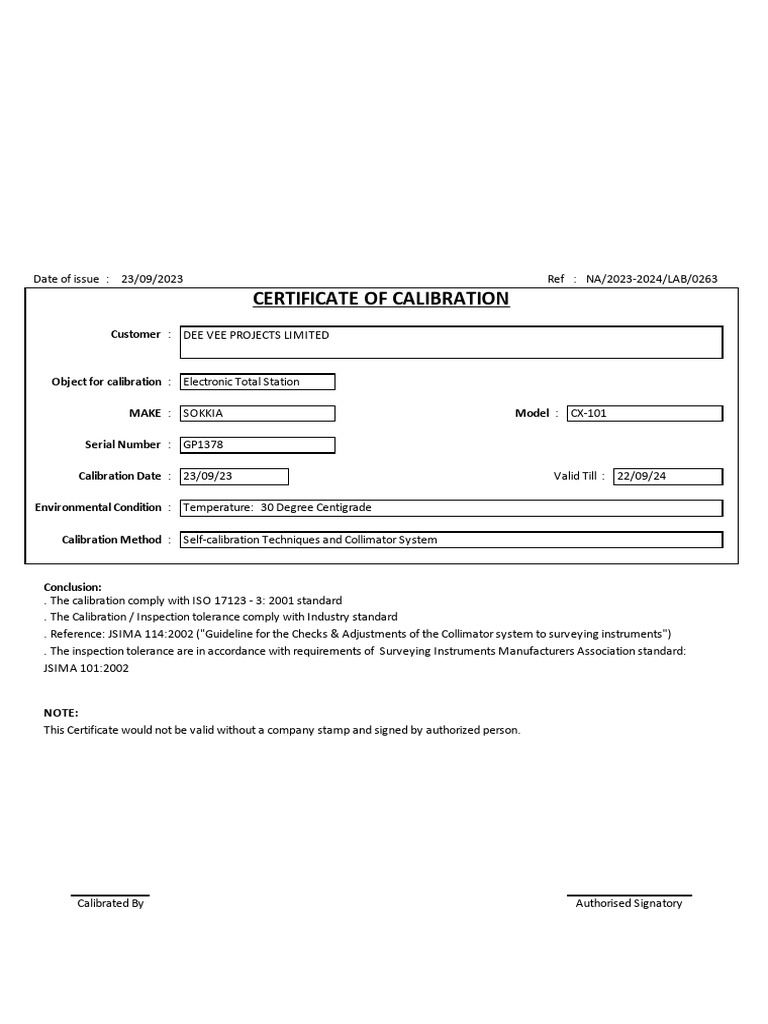 Dee Vee Projects Limited Total Station Cx-101 Calibration Certificate ...