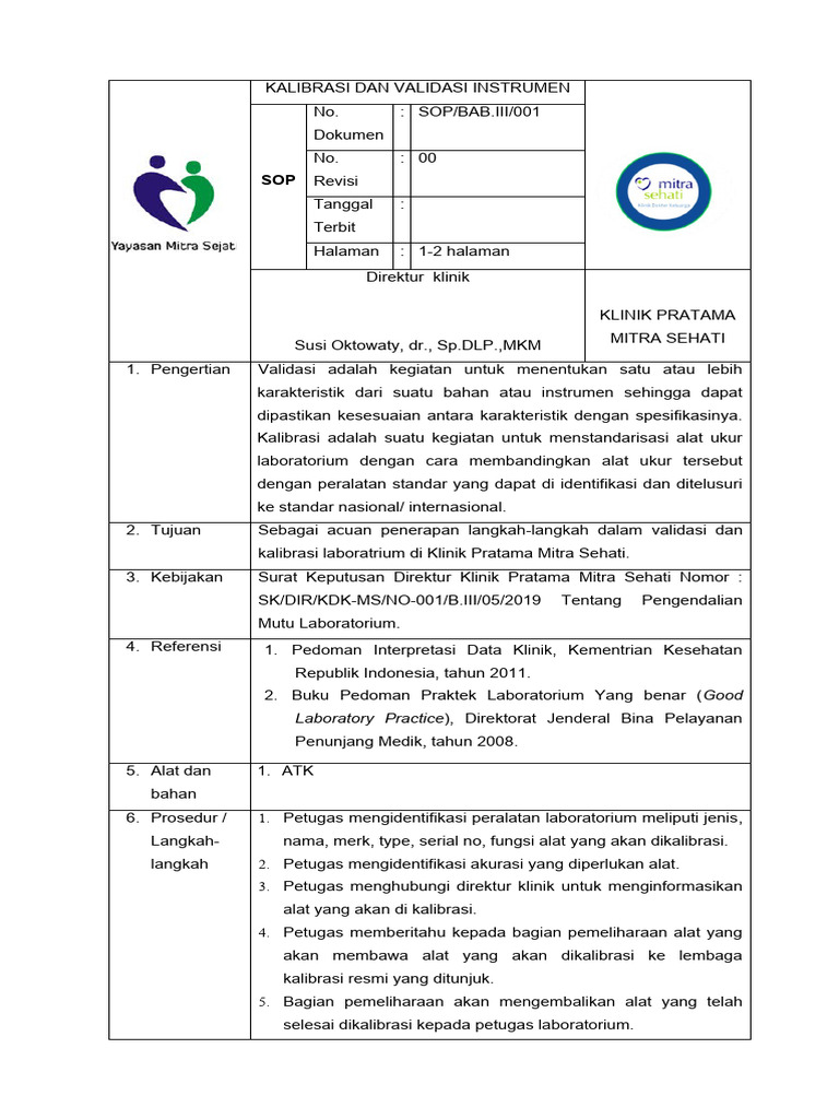 3.1.7.2 SOP Kalibrasi & Validasi Instrumen | PDF | Bisnis | Sains & Matematika