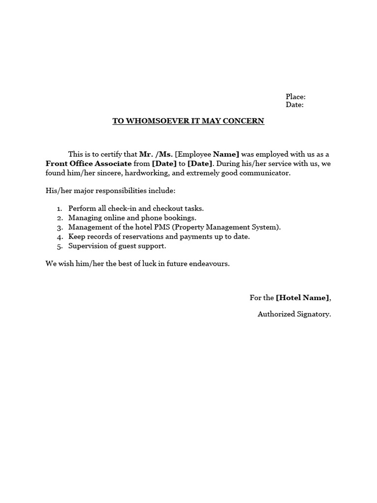 Hotel Front Office Experience Certificate | PDF