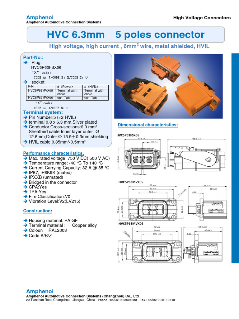 HVC 6.3mm 5 Poles Connector: High Voltage, High Current, 6mm Wire ...