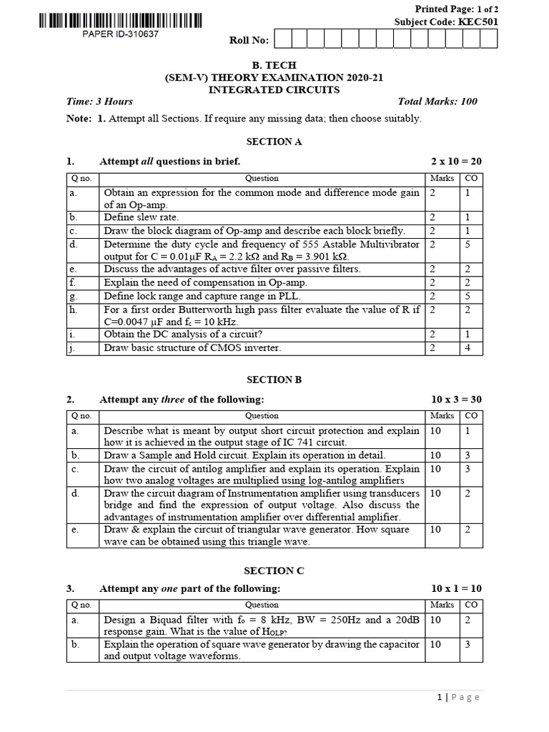 Btech Ec 5 Sem Integrated Circuits Kec501 2021 | PDF
