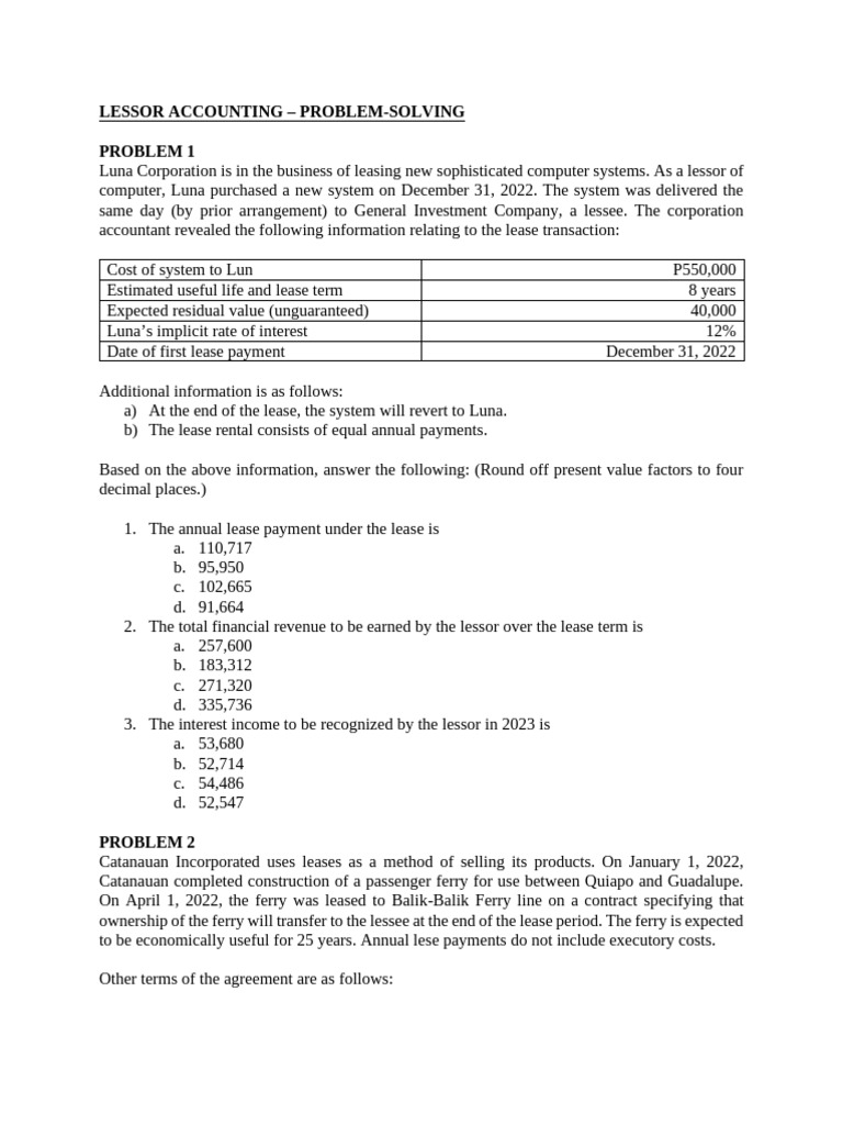 Lessor Accounting Quiz PS | PDF Lessor Accounting Quiz PS | PDF