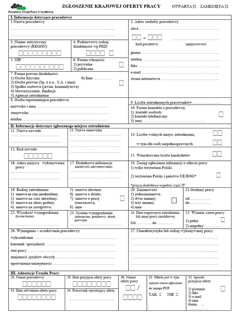Druk Zgłoszenia Krajowej Oferty Pracy | PDF