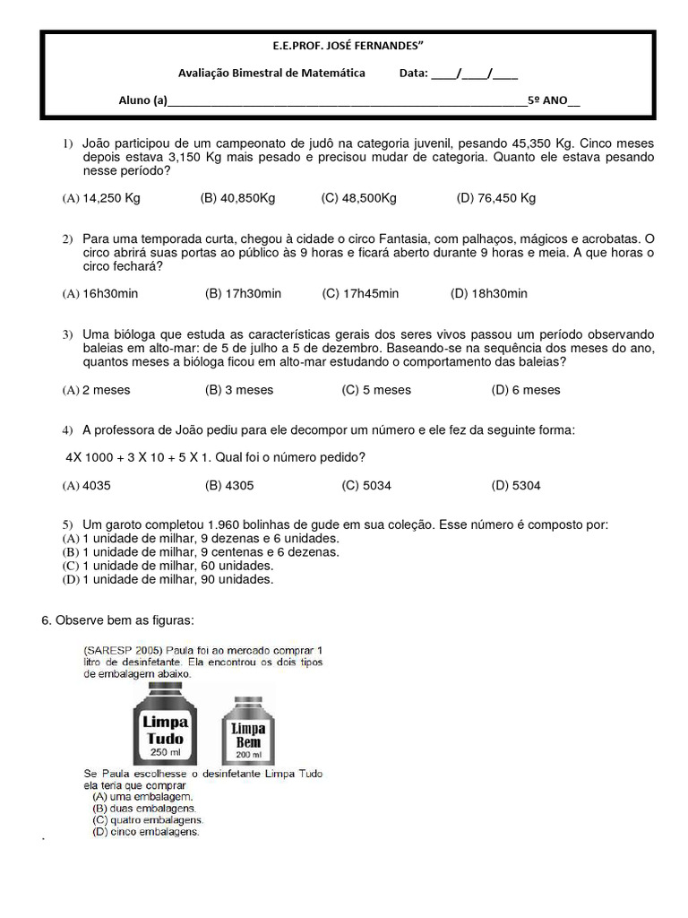 5º ano prova | PDF