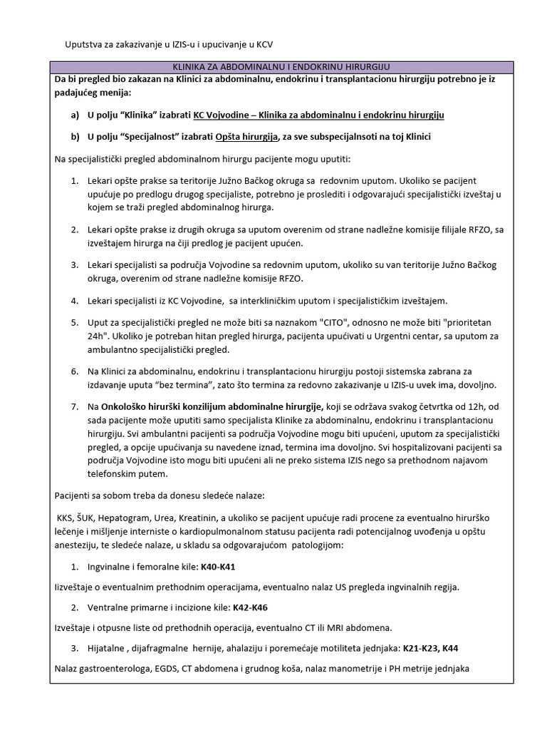 XXII Integralno Uputstvo Za Zakazivanje U IZIS I Upucivanje U KCV | PDF