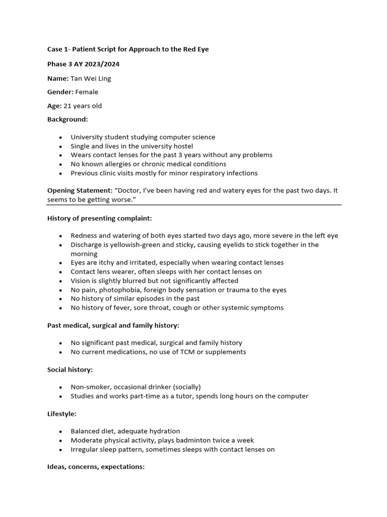 Patient Script - Case 1 Approach To Red Eye 2023 | PDF