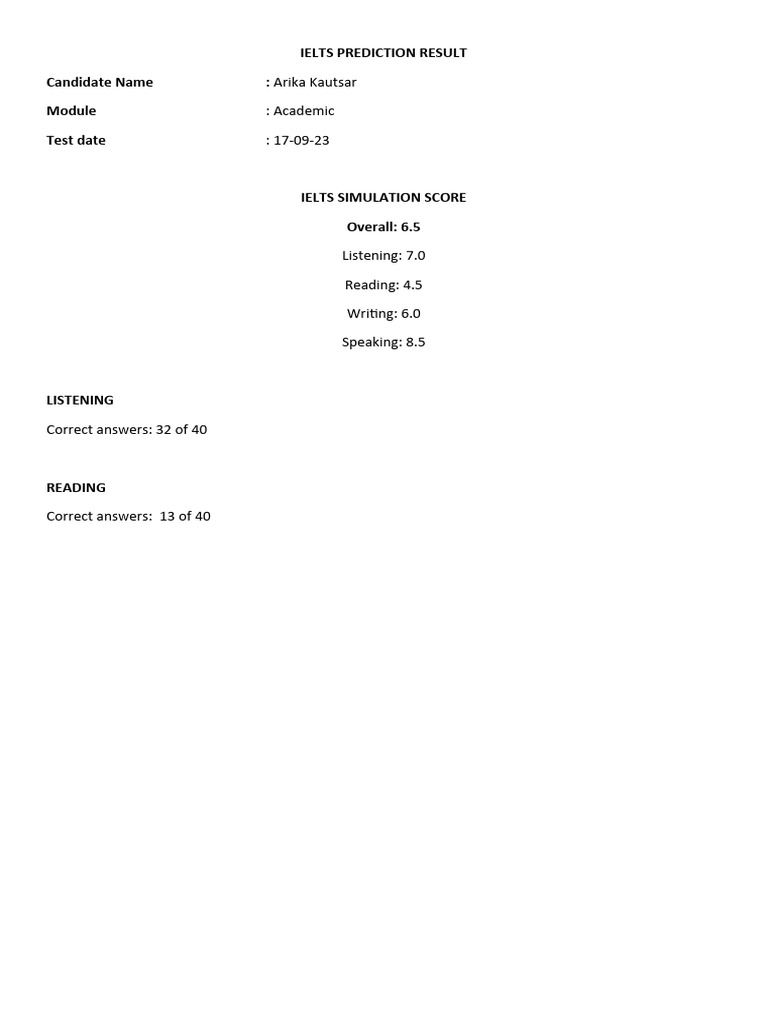 IELTS Simulation Result - Sample | PDF