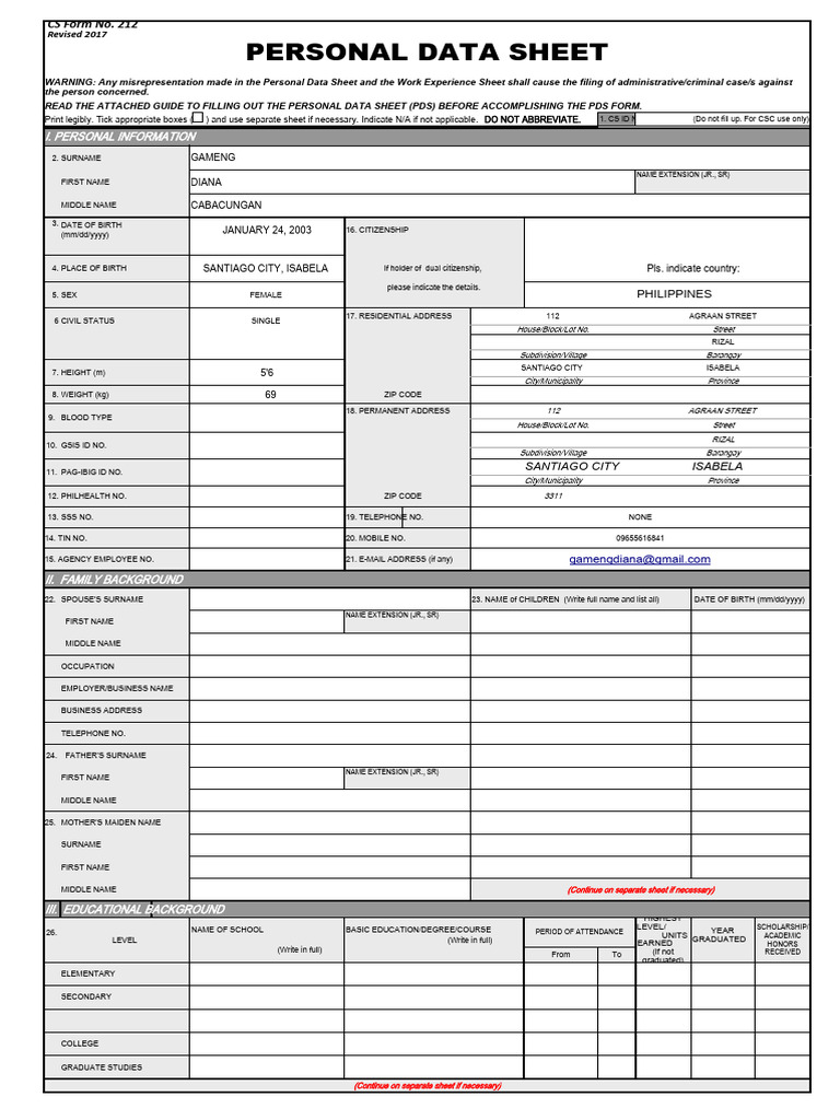 Personal Data Sheet CS Form No. 212 Revised 2017 | PDF | Nursing ...