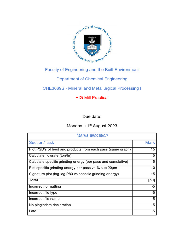 CHE3069S HIG Mill Practical - 2023 | PDF