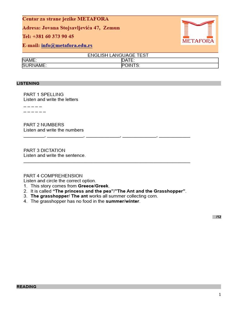 English Language Test Template | PDF