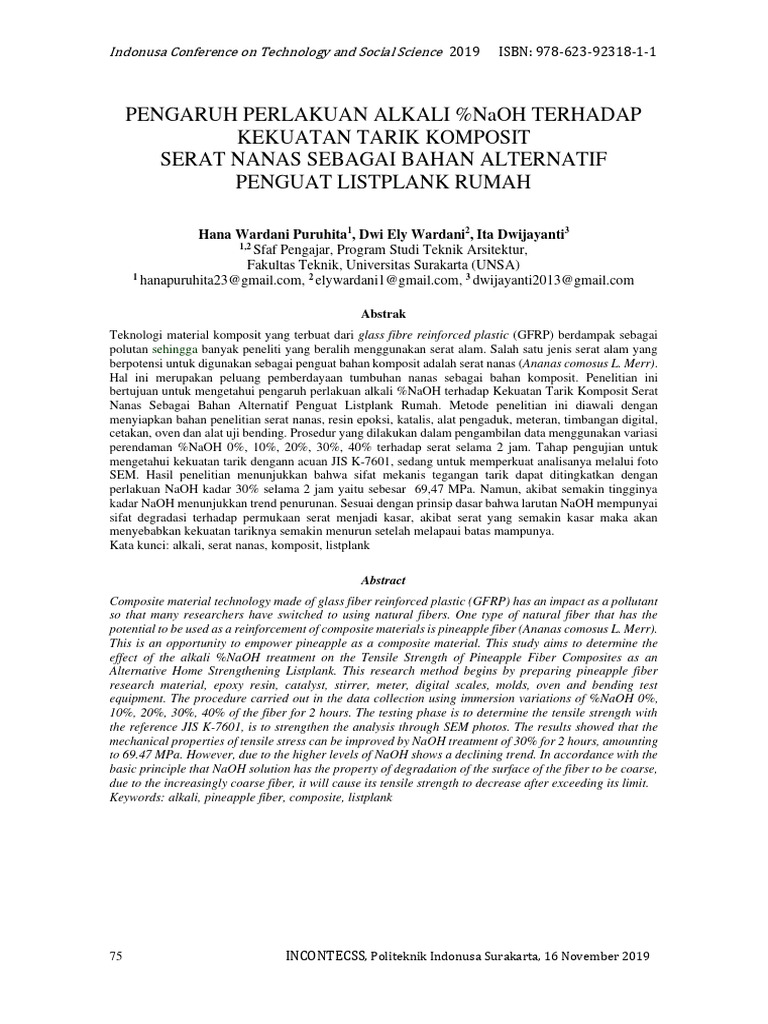 75 PENGARUH PERLAKUAN ALKALI NaOH TERHADAP KEKUATAN TARIK KOMPOSIT SERAT NANAS SEBAGAI BAHAN ...