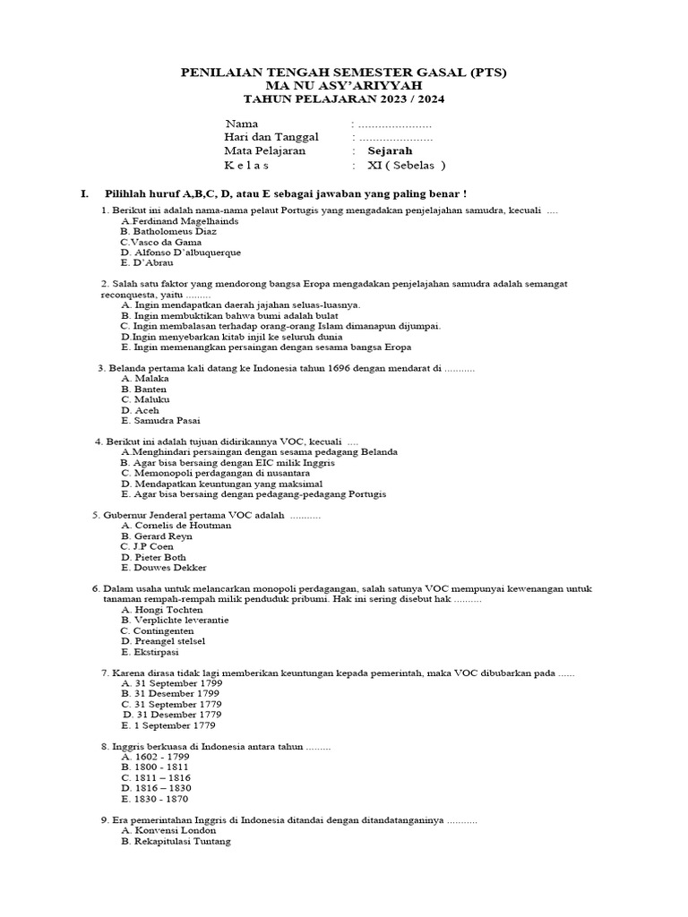 Soal PTS Gasal Sejarah Xi | PDF