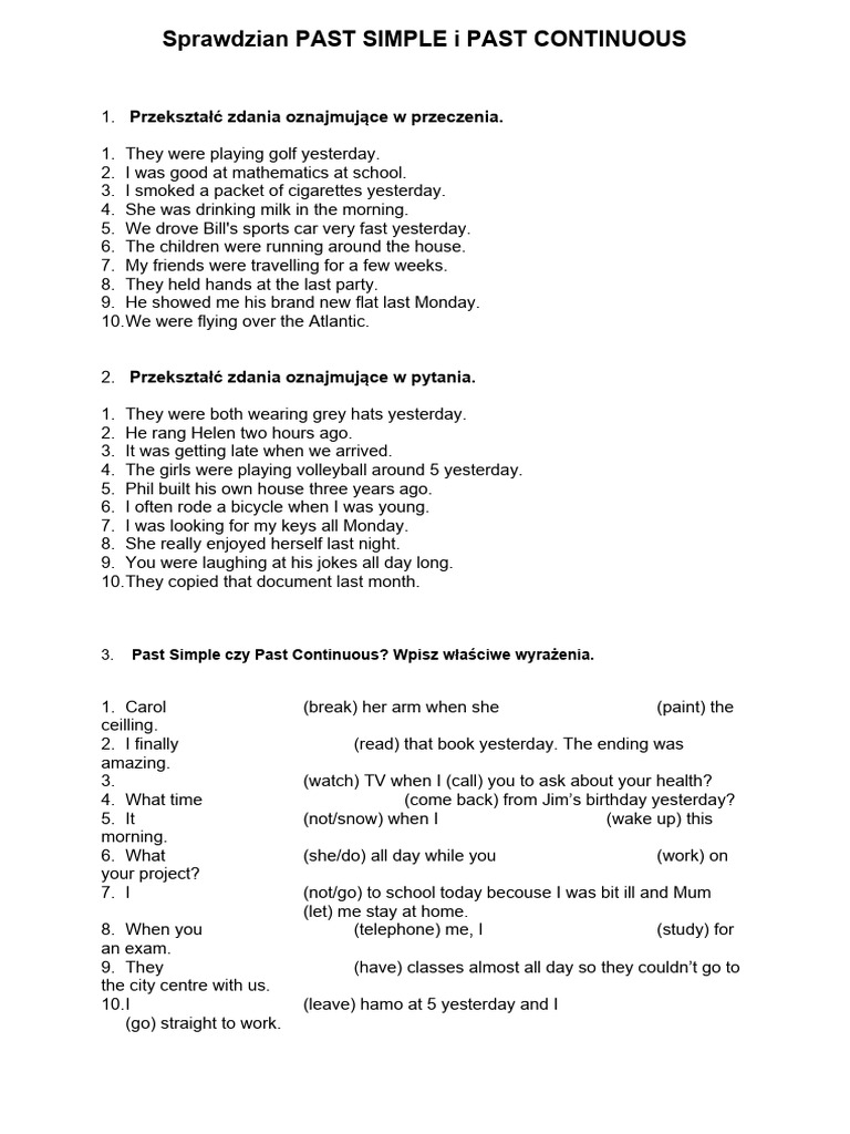 Sprawdzian PAST SIMPLE I PAST CONTINUOUS | PDF