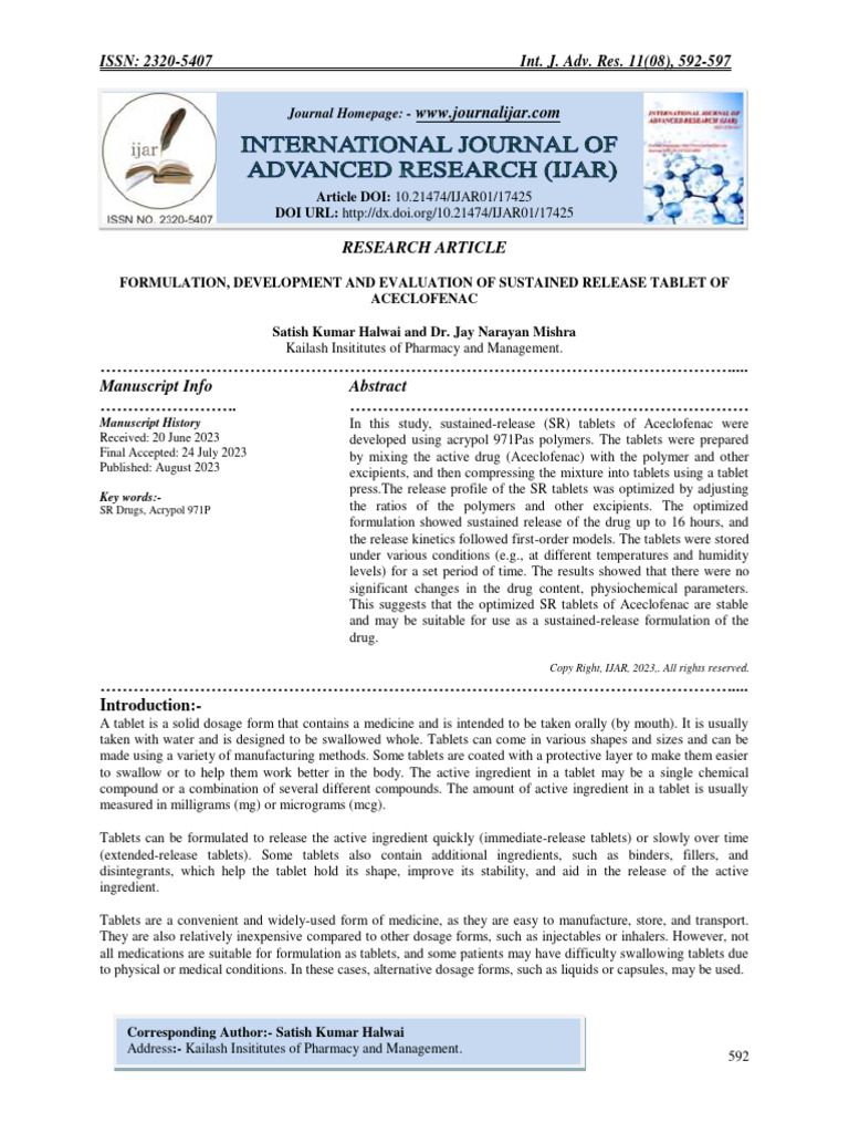 Formulation, Development and Evaluation of Sustained Release Tablet of Aceclofenac | PDF