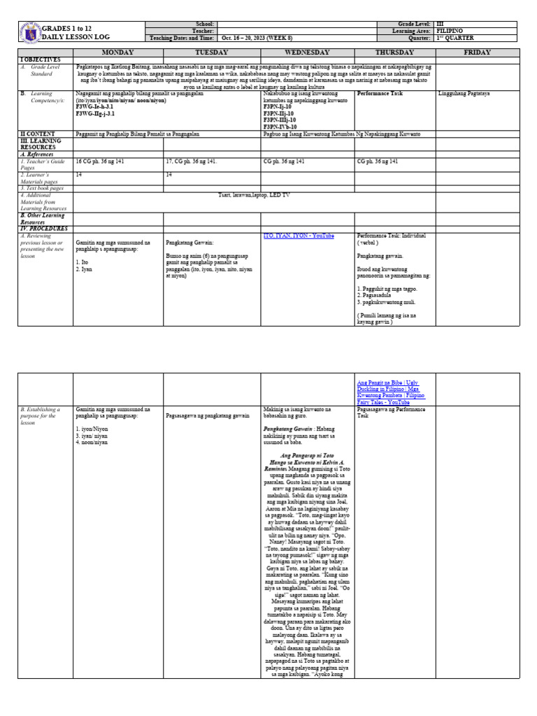 DLL Filipino 3 q1 w8 | PDF