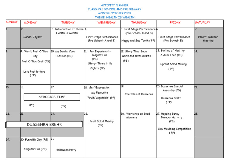 October Activity Planner 2023-24 | PDF