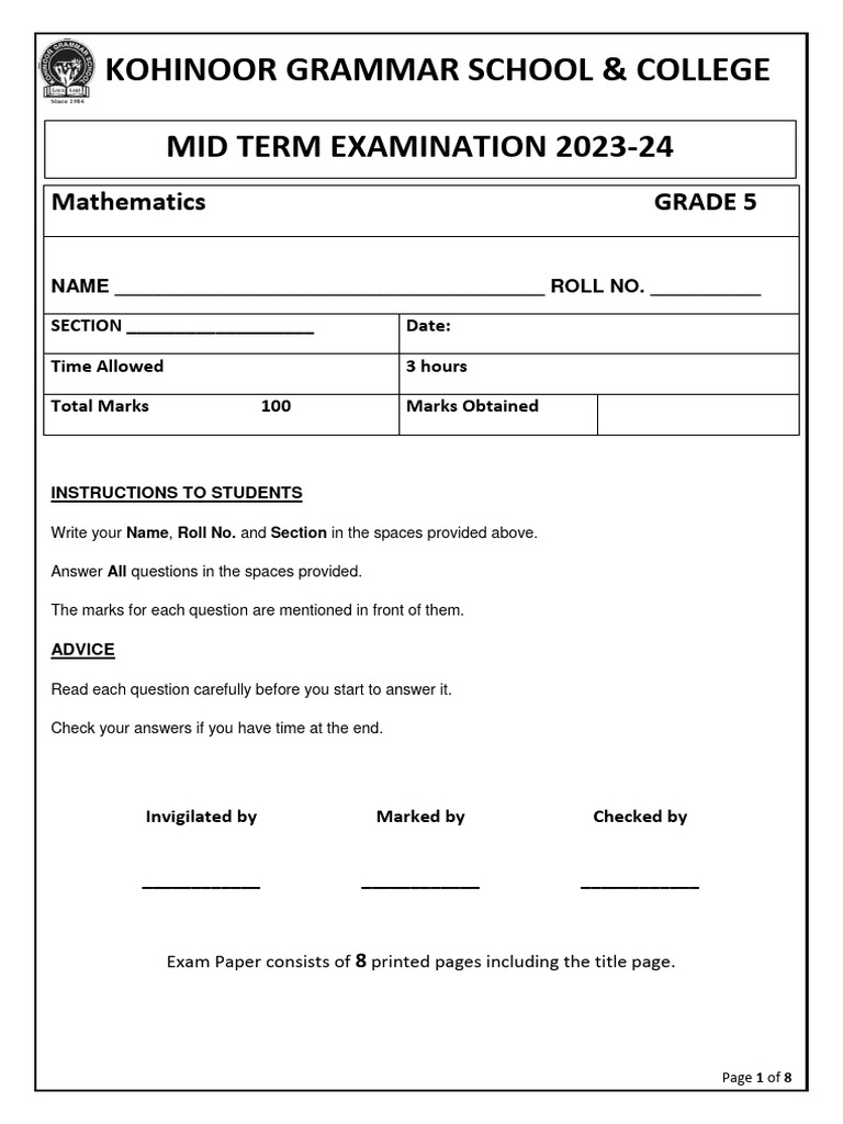 Grade 5 Mid Term Paper Math 2023-24 | PDF