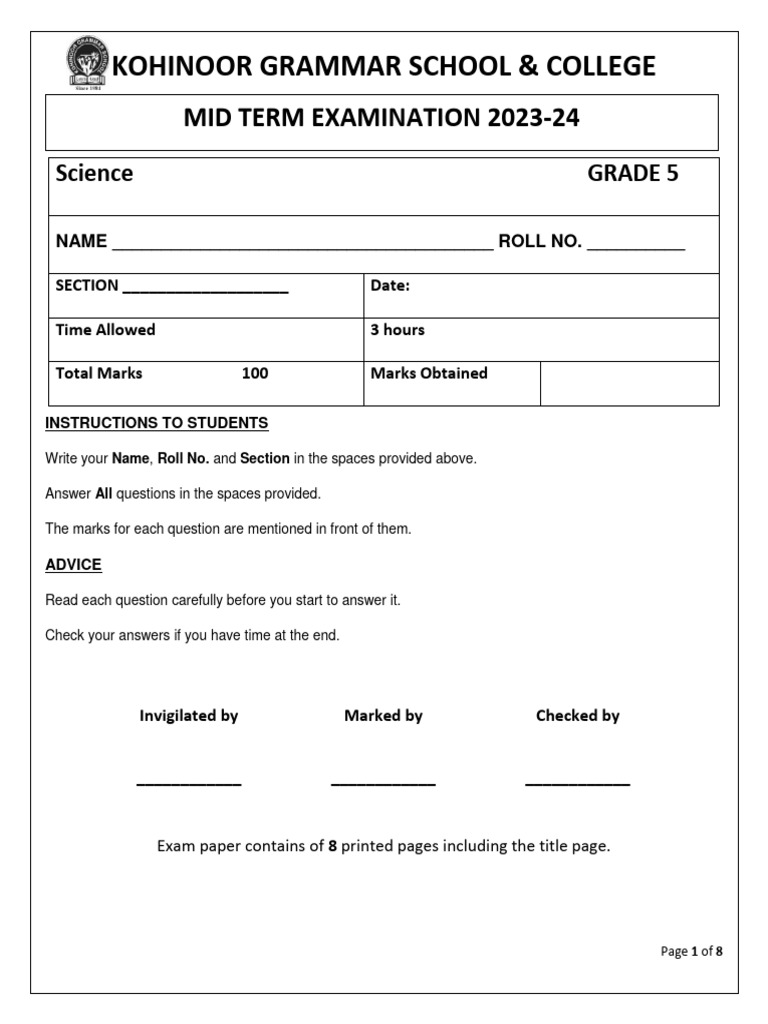 Grade 5 Mid Term Paper Science 2023-24 | PDF