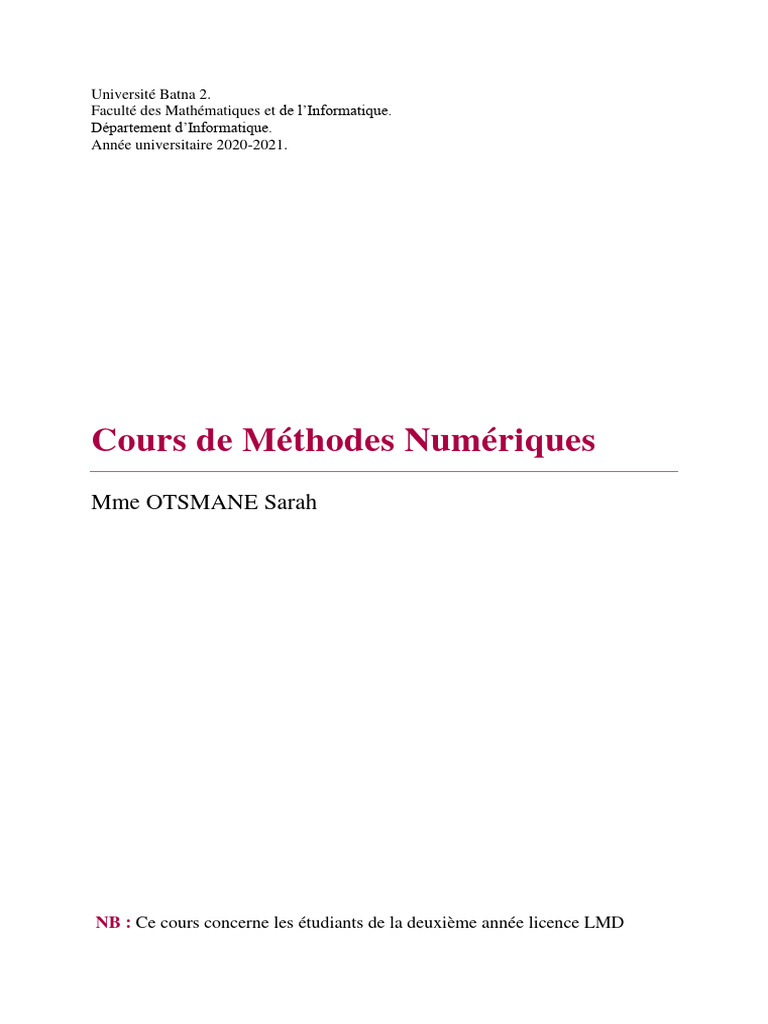 Cours Methodes Numeriques Chapitre 01 | PDF