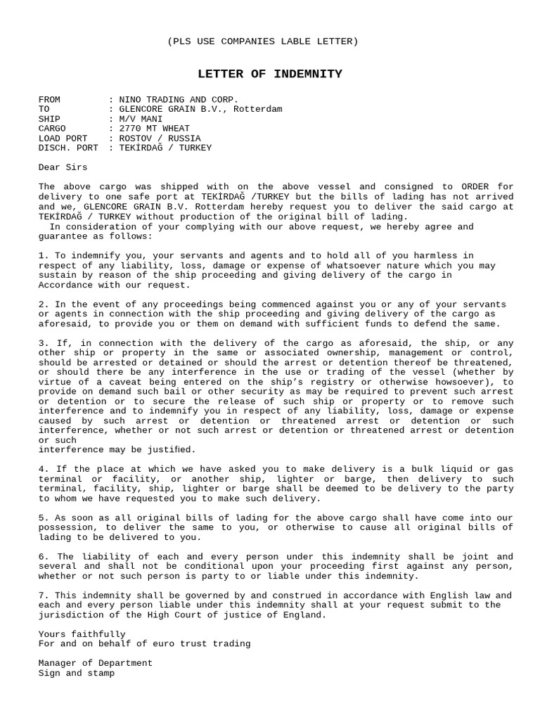 Letter of Indemnity: (Pls Use Companies Lable Letter) | PDF