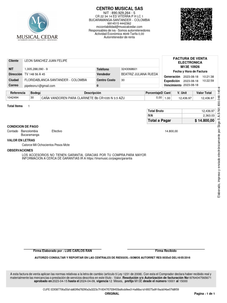 Centro Musical Sas: Factura de Venta Electronica M13E 10926 | PDF