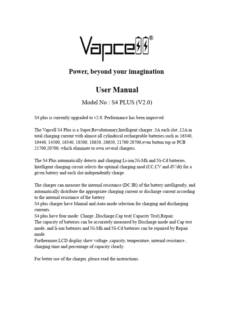 Vapcell S4 Plus V2 User Manual | PDF
