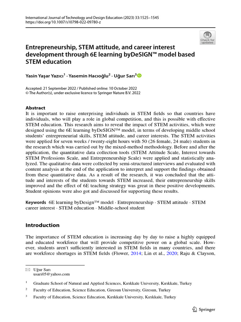 Entrepreneurship, STEM Attitude, and Career Interest Development Through 6E Learning byDeSIGN ...