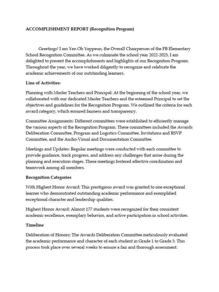 ACCOMPLISHMENT REPORT - Recognition Program | PDF | Cognition | Learning