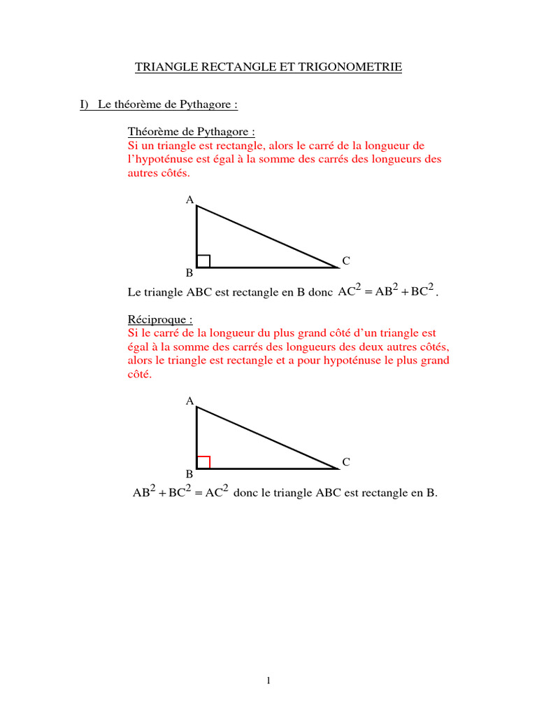 Cours Triangle Rectangle Et Trigonométrie | PDF