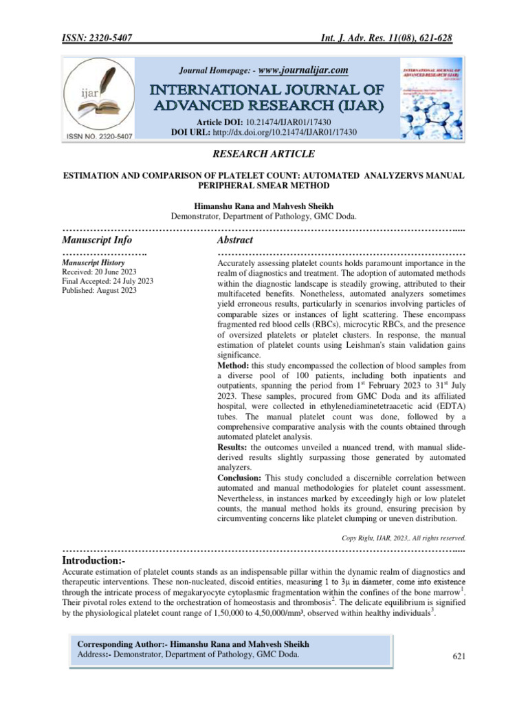 ESTIMATION AND COMPARISON OF PLATELET COUNT: AUTOMATED ANALYZERVS ...