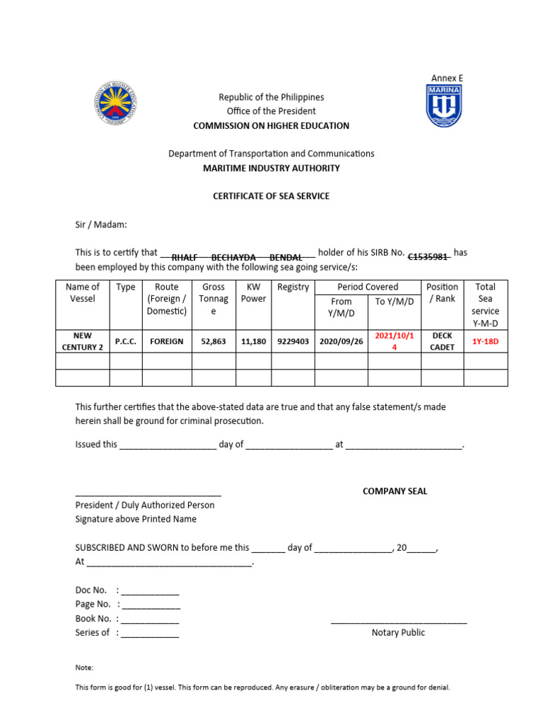 Certificate of Sea Service Annex D | PDF