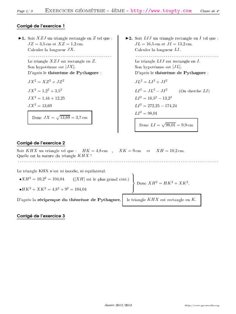 Exercices Geometrie 4eme 1 Corrige | PDF