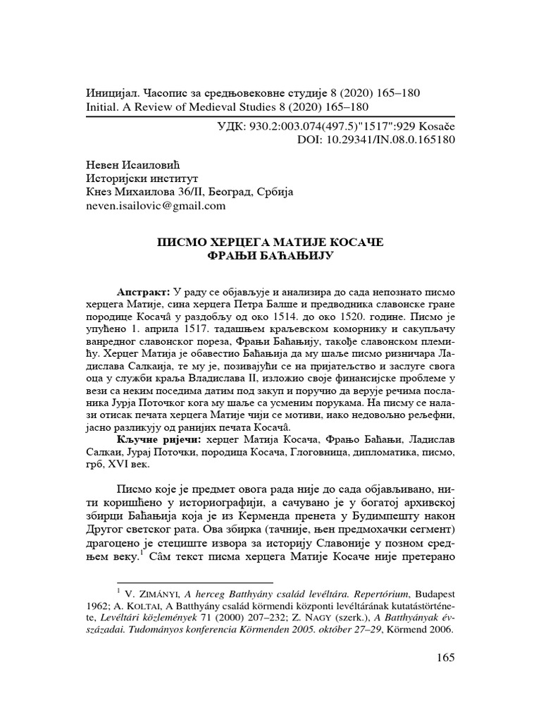 Pismo - hercega - Matije - Kosace - ФРАЊИ БАЋАЊИЈУ | PDF