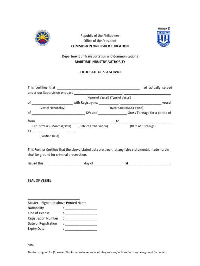 Annex D Certificate of Sea Service | PDF