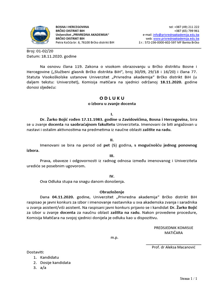 20-02-01 Odluka o Izboru U Zvanje - UPA - Komisija Matičara - Žarko Bojić (Docent) - Primjer | PDF
