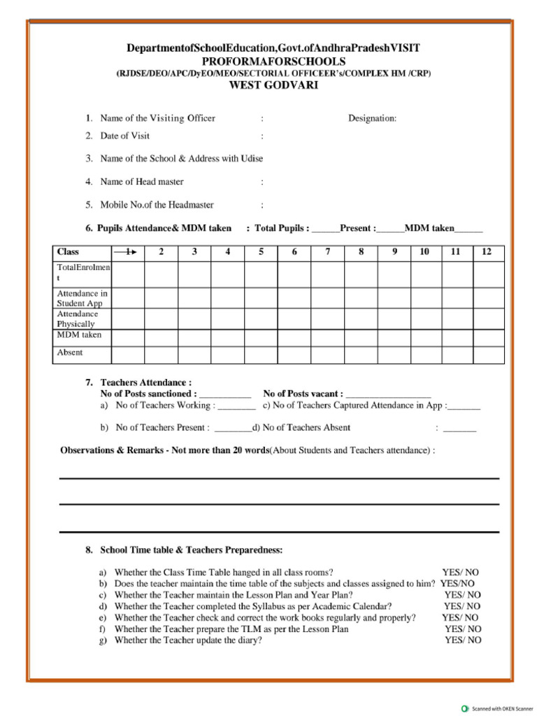 Visit Proforma For Schools - West Godavari-1 | PDF