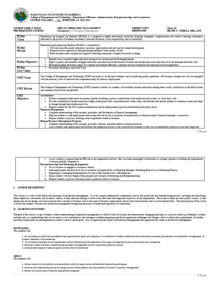 Operation Management. Course Syllabus | PDF