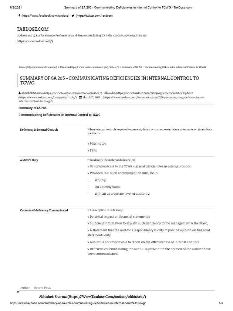 Summary of SA 265 - Communicating Deficiencies in Internal Control To ...