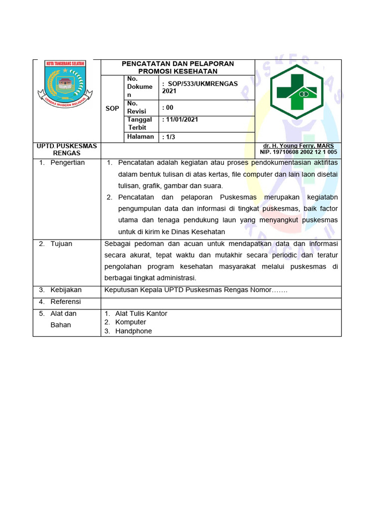 SOP Pencatatan Dan Pelporan PROMKES | PDF