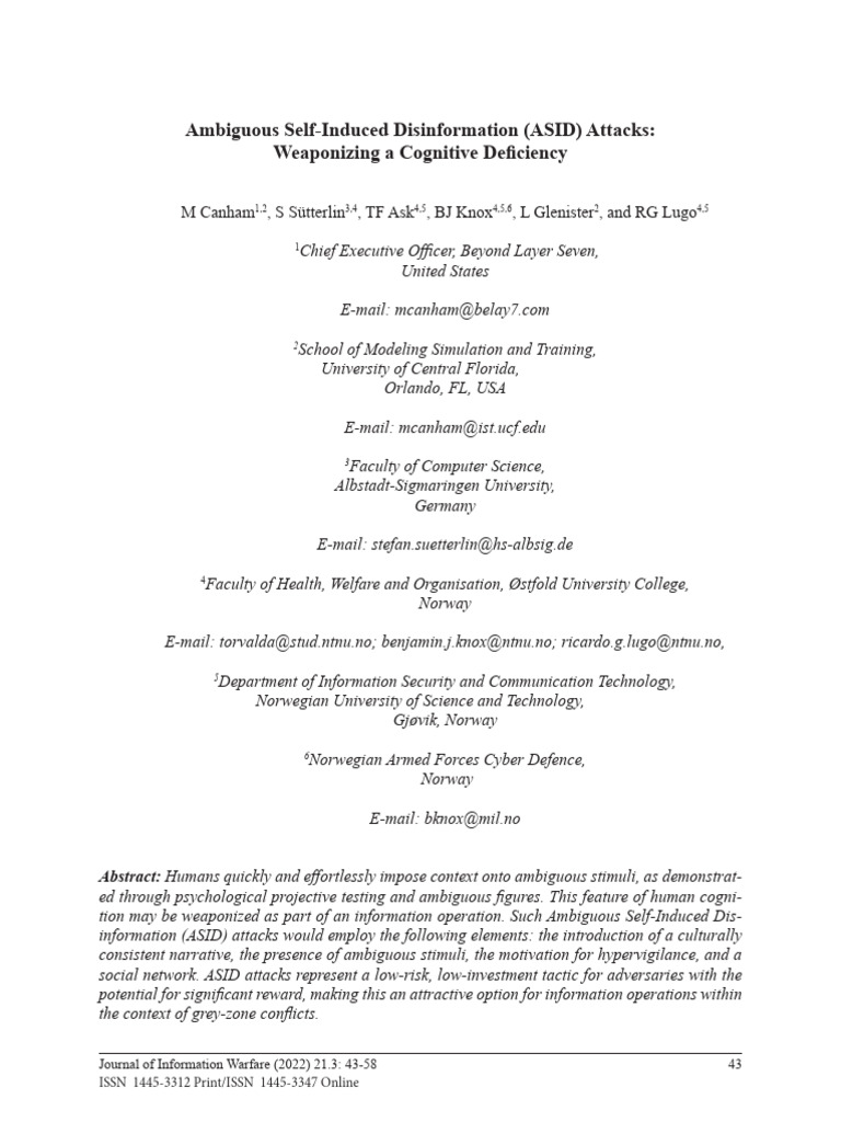 Ambiguous Self-Induced Disinformation (ASID) Attacks: Weaponizing A Cognitive Deficiency | PDF ...