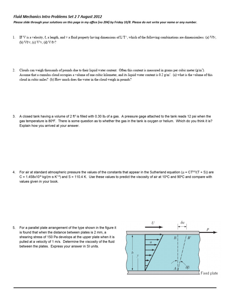 Fluid Mechanics Intro Problems Set 2 August 2012 | PDF | Viscosity ...