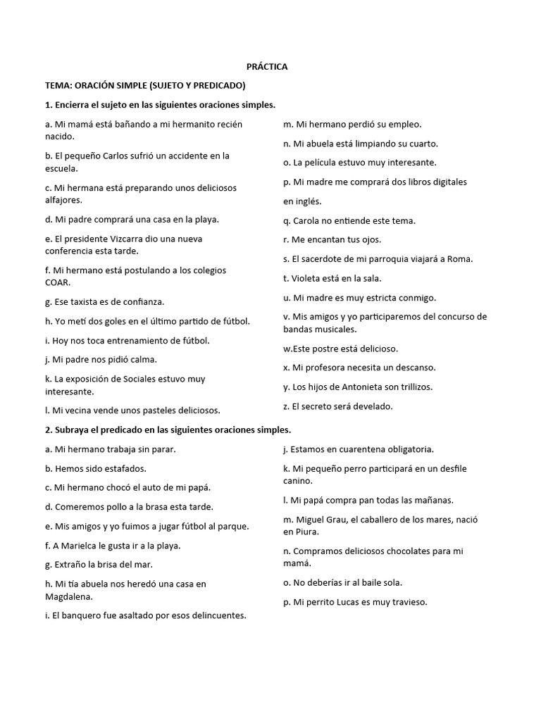 PRÁCTICA DE SUJETO Y PREDICADO | PDF | Objeto (gramática) | Sintaxis