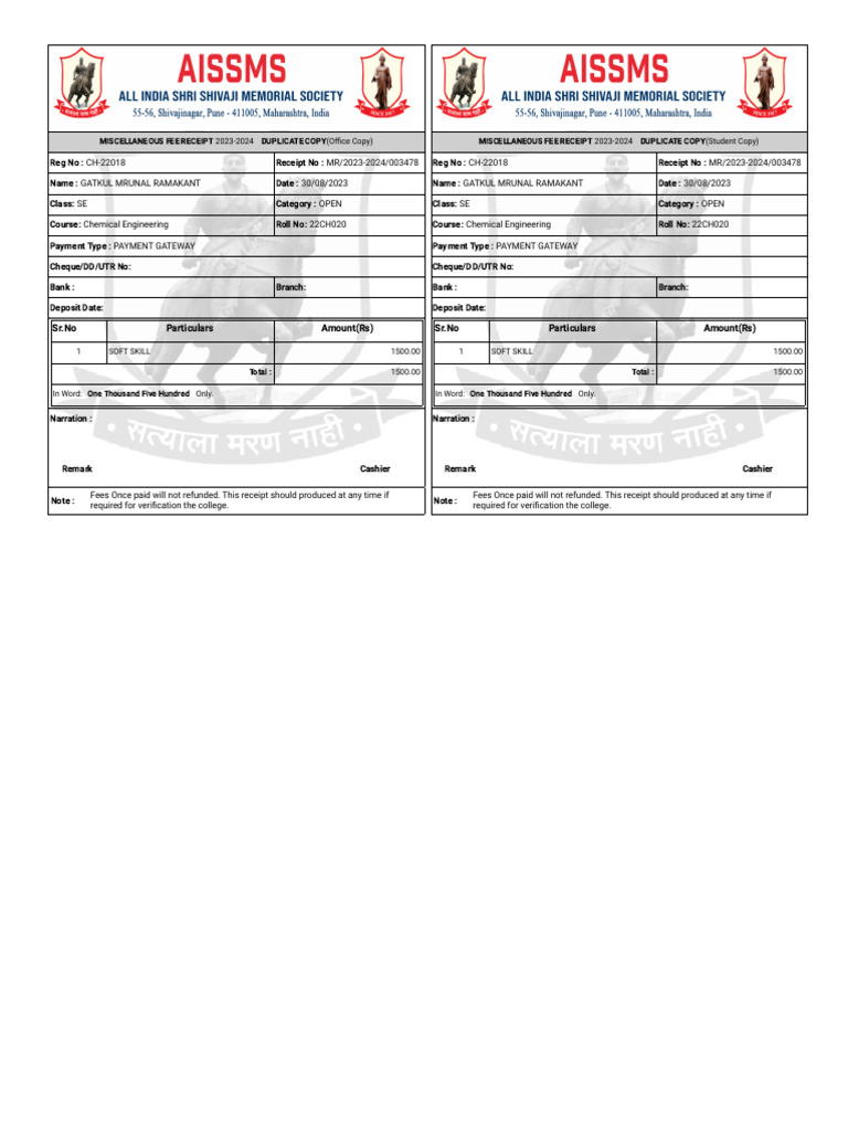 TRNREPORT PMISCFEERECEIPT - Aspx CollectionIDnew 11765&ReceiptNo MR 2023-2024 003478 | PDF
