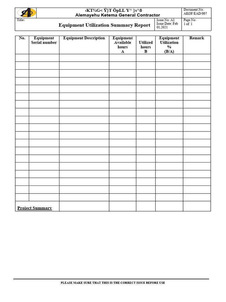 Equipment Utilization Summary Report | PDF | Technology & Engineering